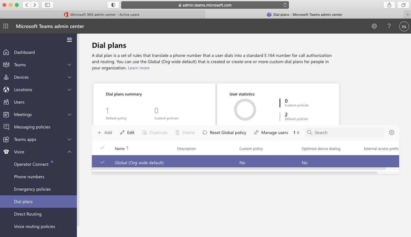 Navigate to Dial Plans and edit Global.